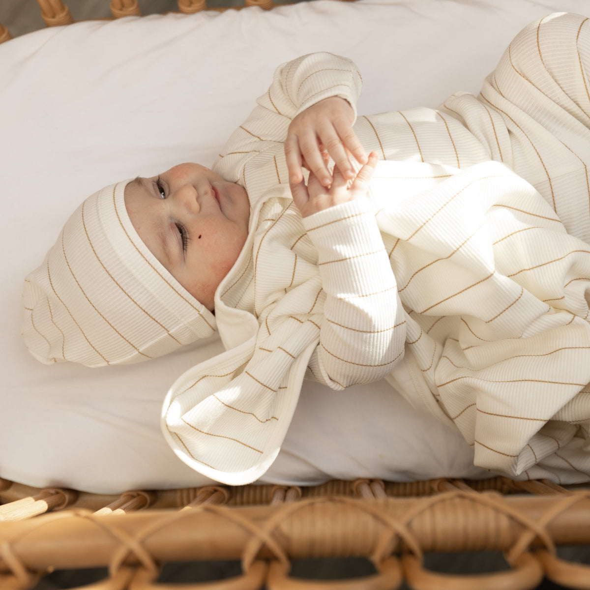 Lux White/Gold Stripe Stretchie and Beanie – Belle Tete Baby